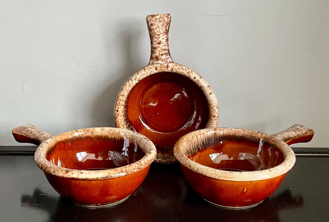 Hull Pottery Brown Drip Glaze Handled Soup Bowls - Set of 3 - Etsy