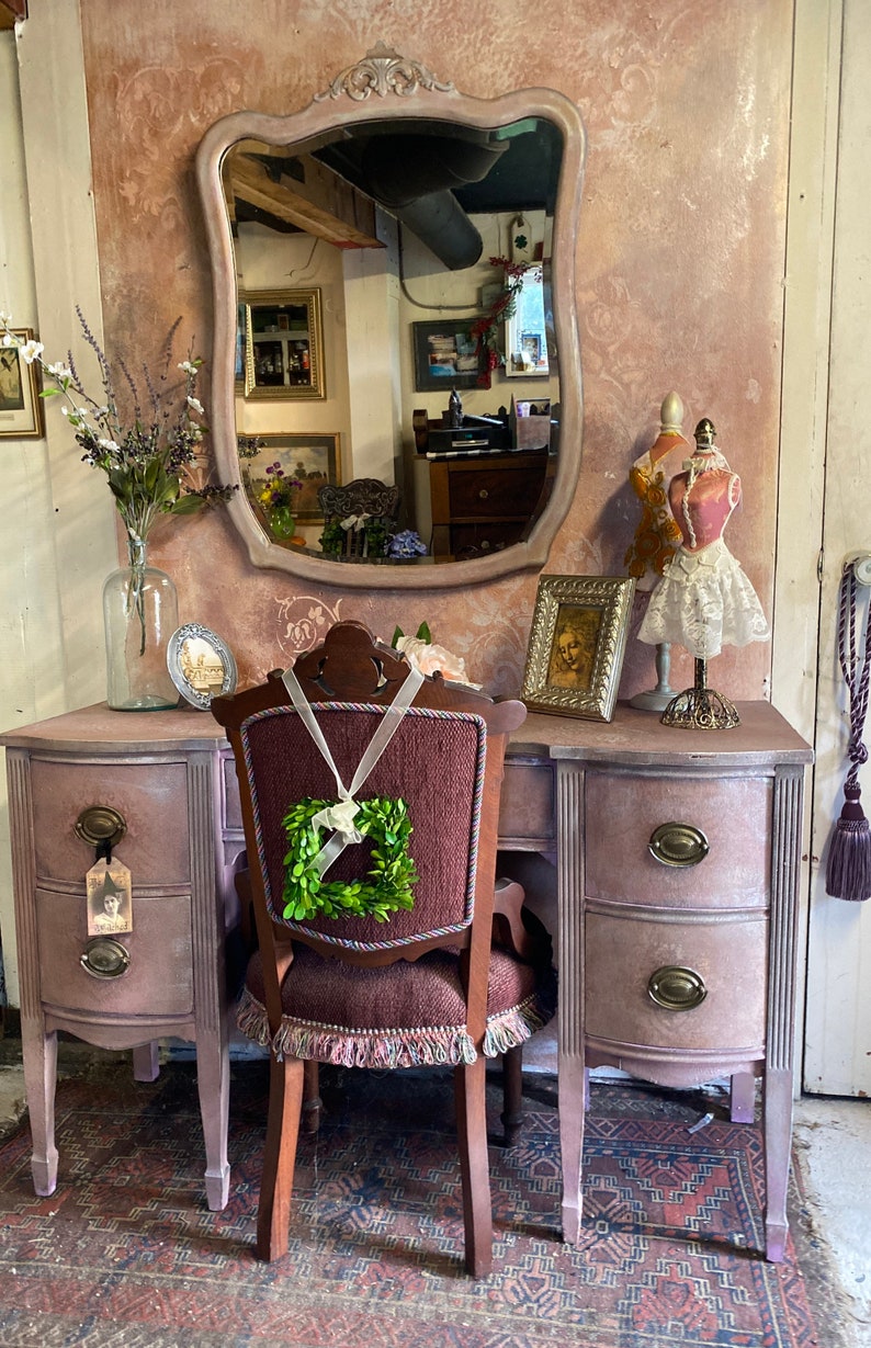 Vintage Desk in Dark Rose Gold With Antique Mirror & Chair - Etsy