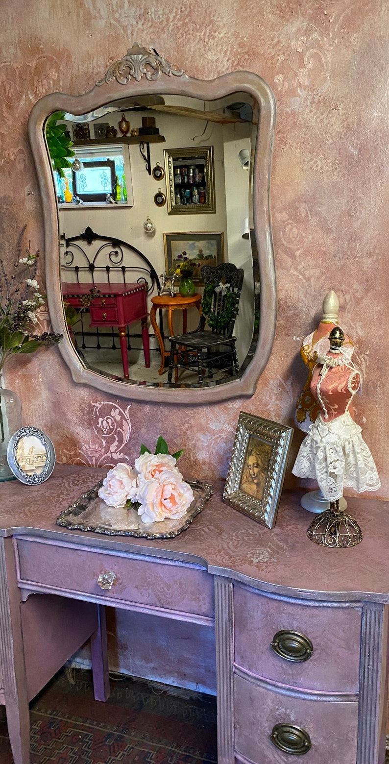 Vintage Desk in Dark Rose Gold With Antique Mirror & Chair - Etsy