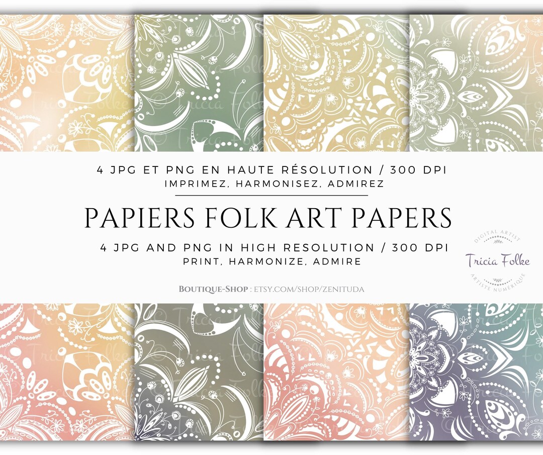 Pack of 4 Digital Papers in Png and Jpg Format in Folk Art - Etsy