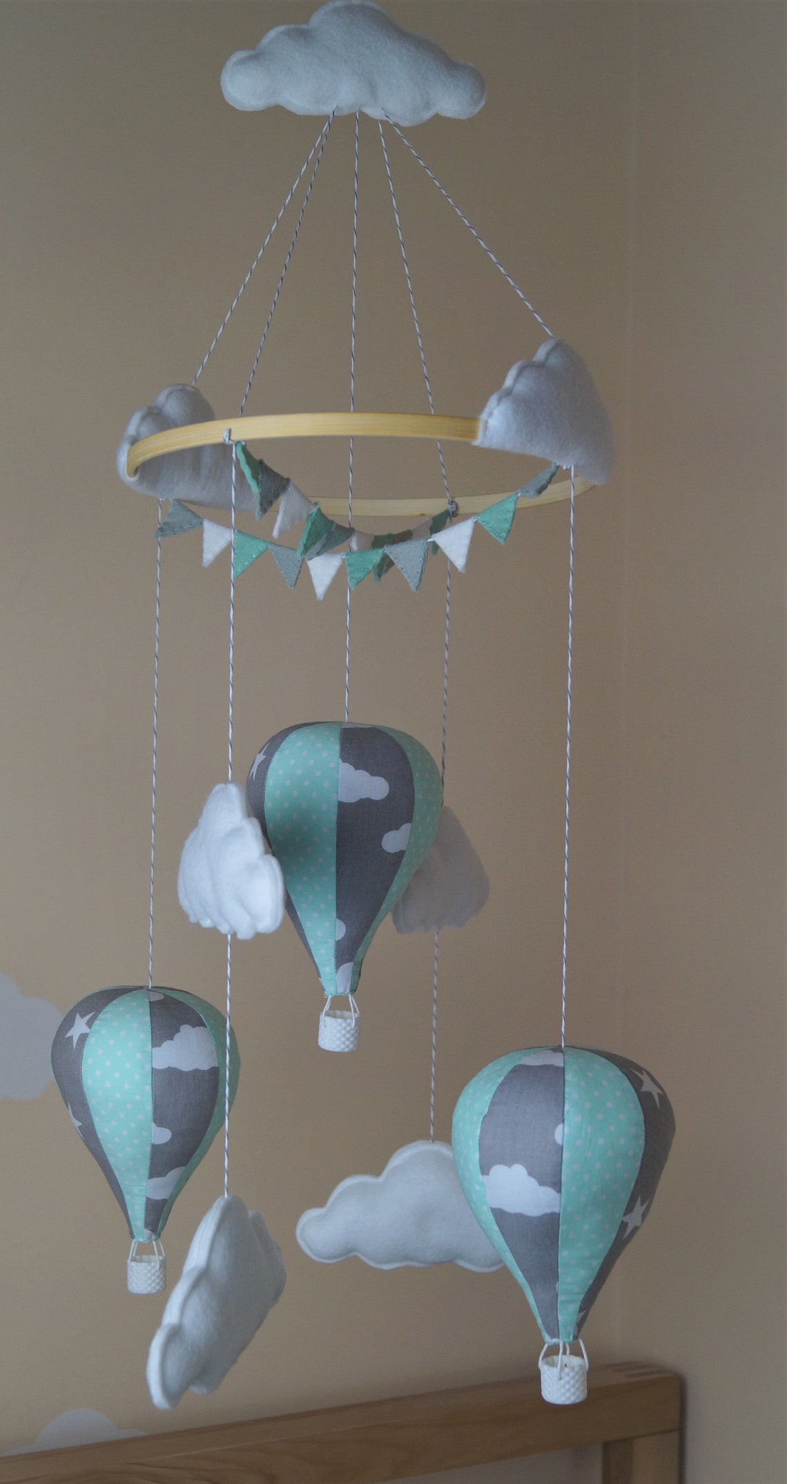 Hot Air Balloon Baby Mobile With Bunting Mint Polka Grey Stars and ...