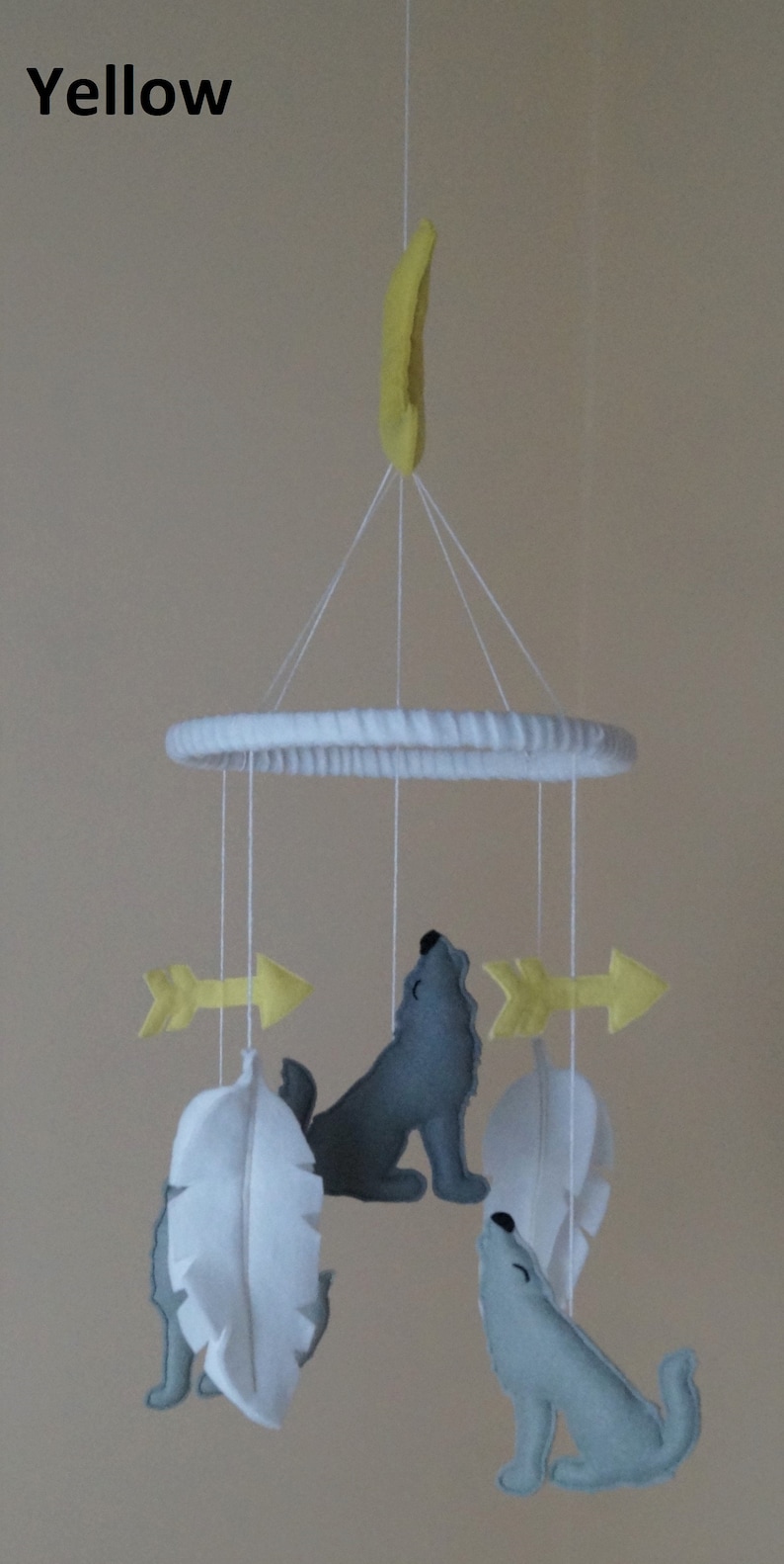 Wolf, Arrow, Feather, Moon Unisex Baby Mobile Grey Mint/yellow/ Mustard ...