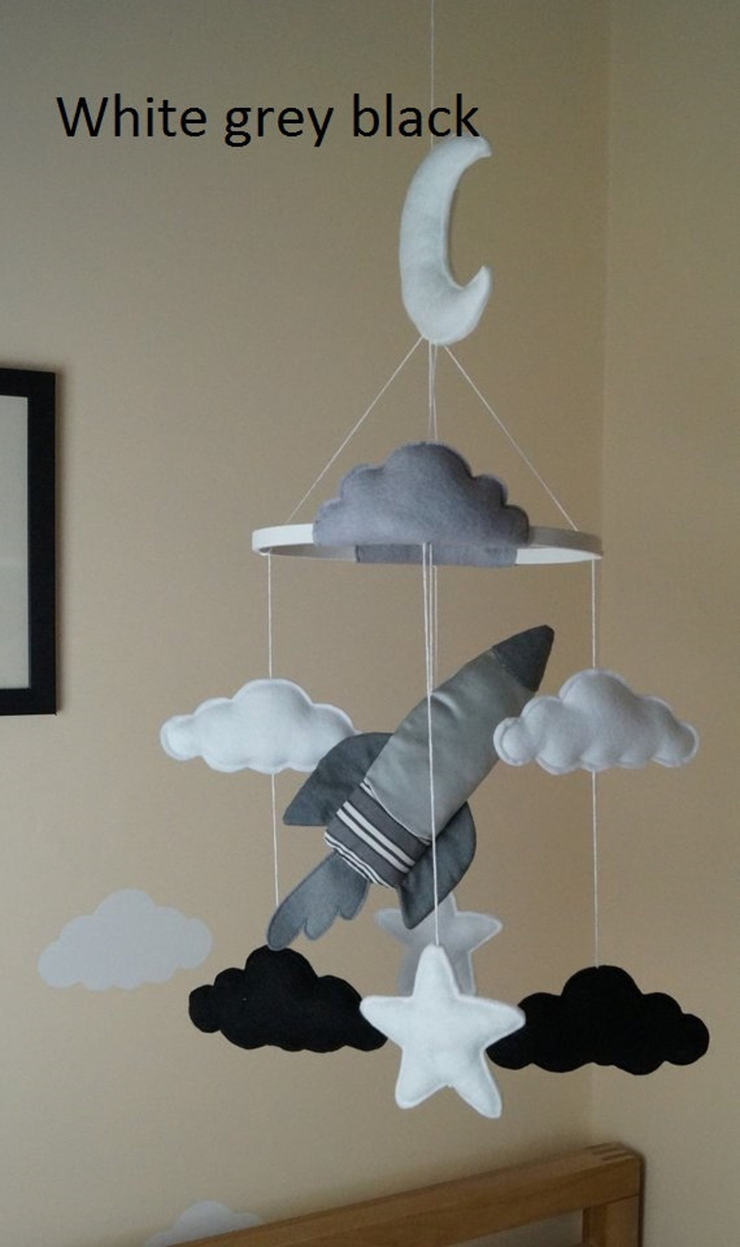 Rocket, Space Ship Baby Boy Mobile With Clouds, Stars and the Moon Made ...