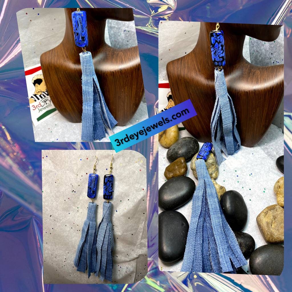 Handmade Blue Jean Denim Tassel Earrings