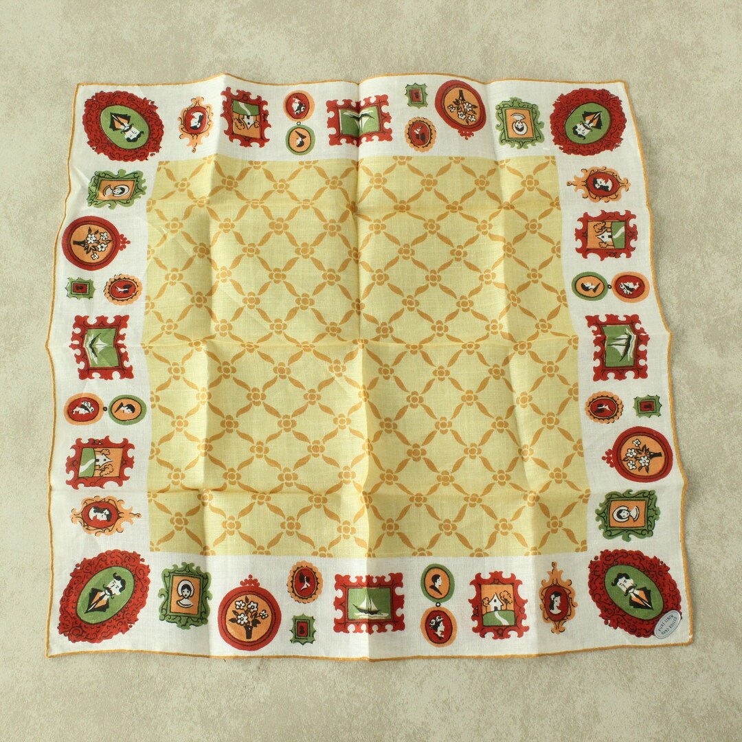 Vintage New With Label Unused Linen Hand Rolled Handkerchief Kitch ...