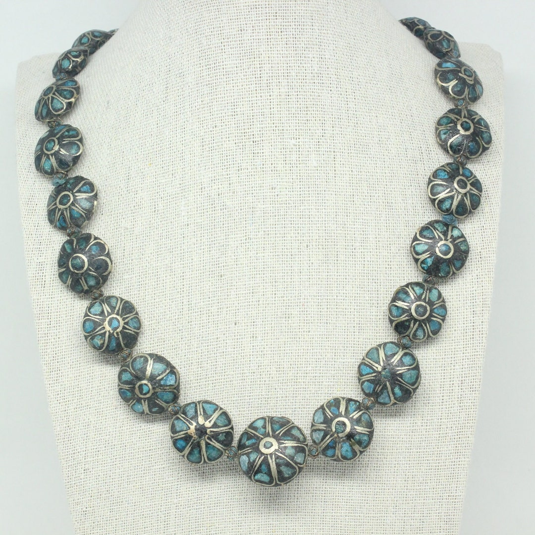 Vintage India Turquoise Chip Brass Inlay Mosaic Flower Beads Graduated ...