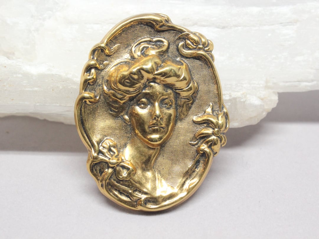 Vintage Art Nouveau Style Repousse Gold Tone Large Gibson Girl Front ...