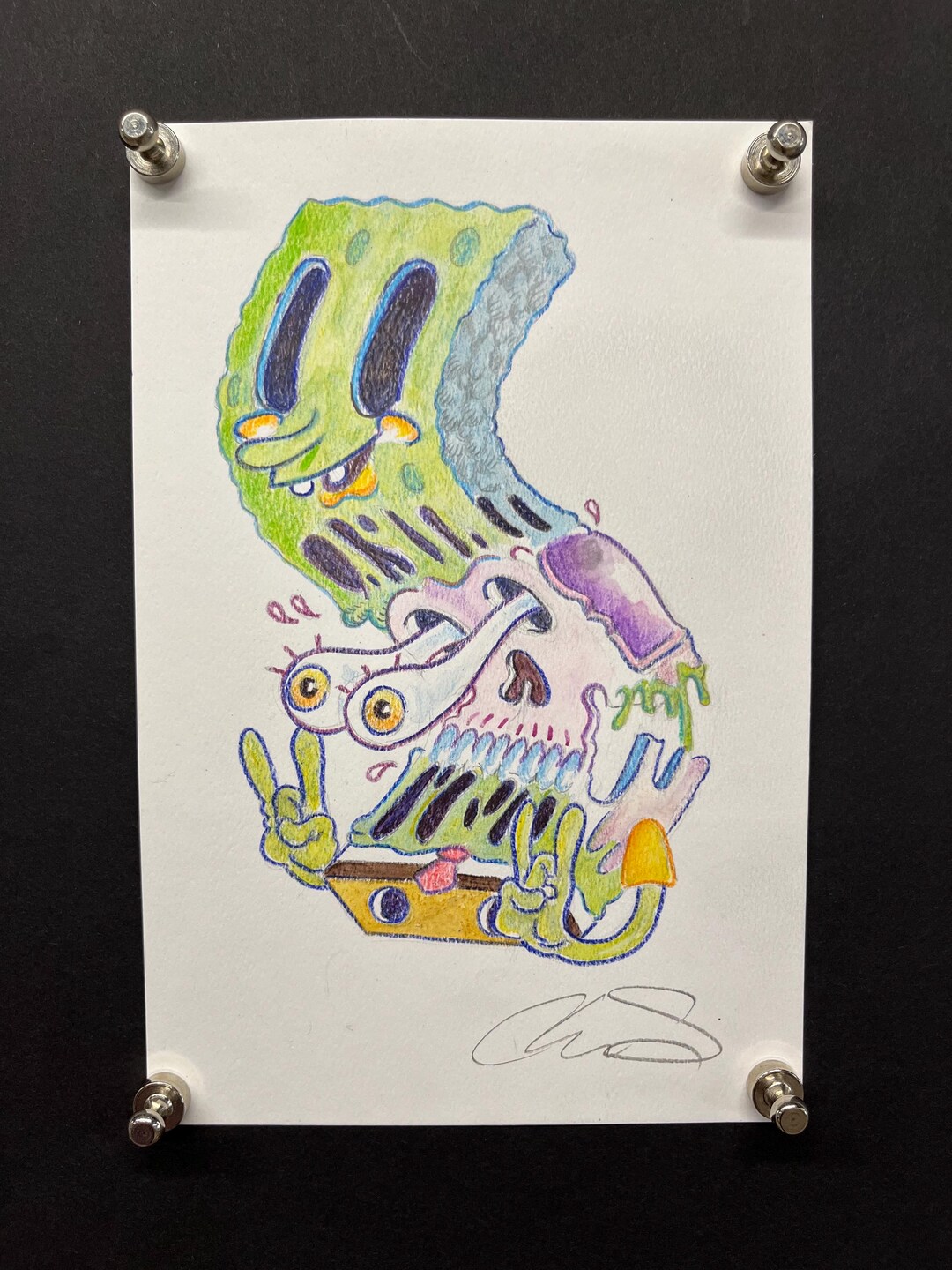 Psychedelic Dissolving Spongebob Original Watercolor Pencil Art Signed ...