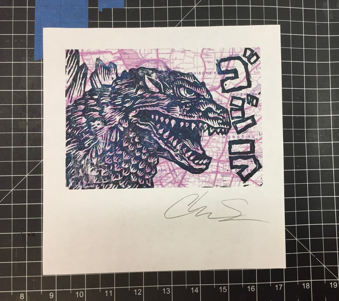 Godzilla Linoleum Block Print Signed. Only a Few Made - Etsy