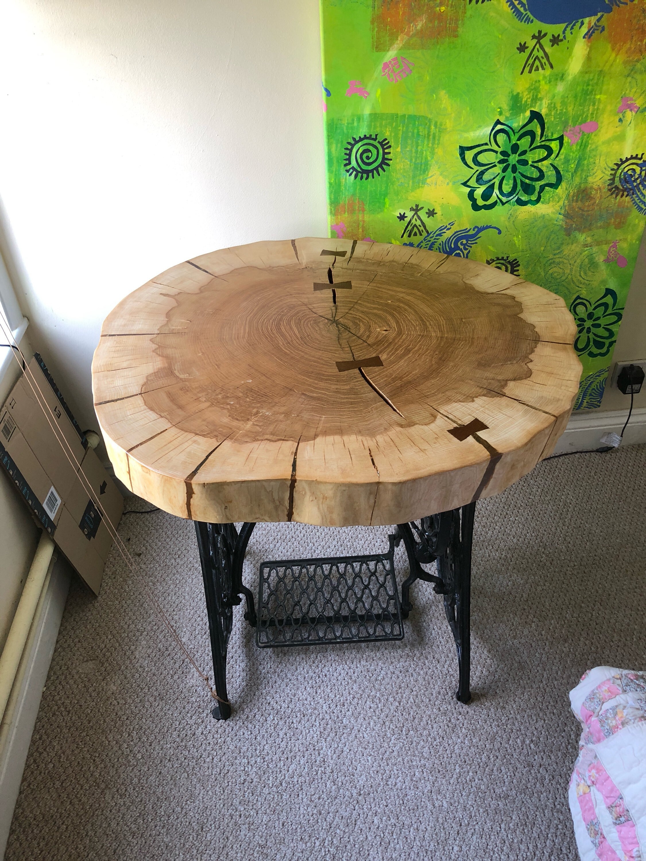 Live Edge Ash Tree Round Table on Singer Sewing Machine Base - Etsy