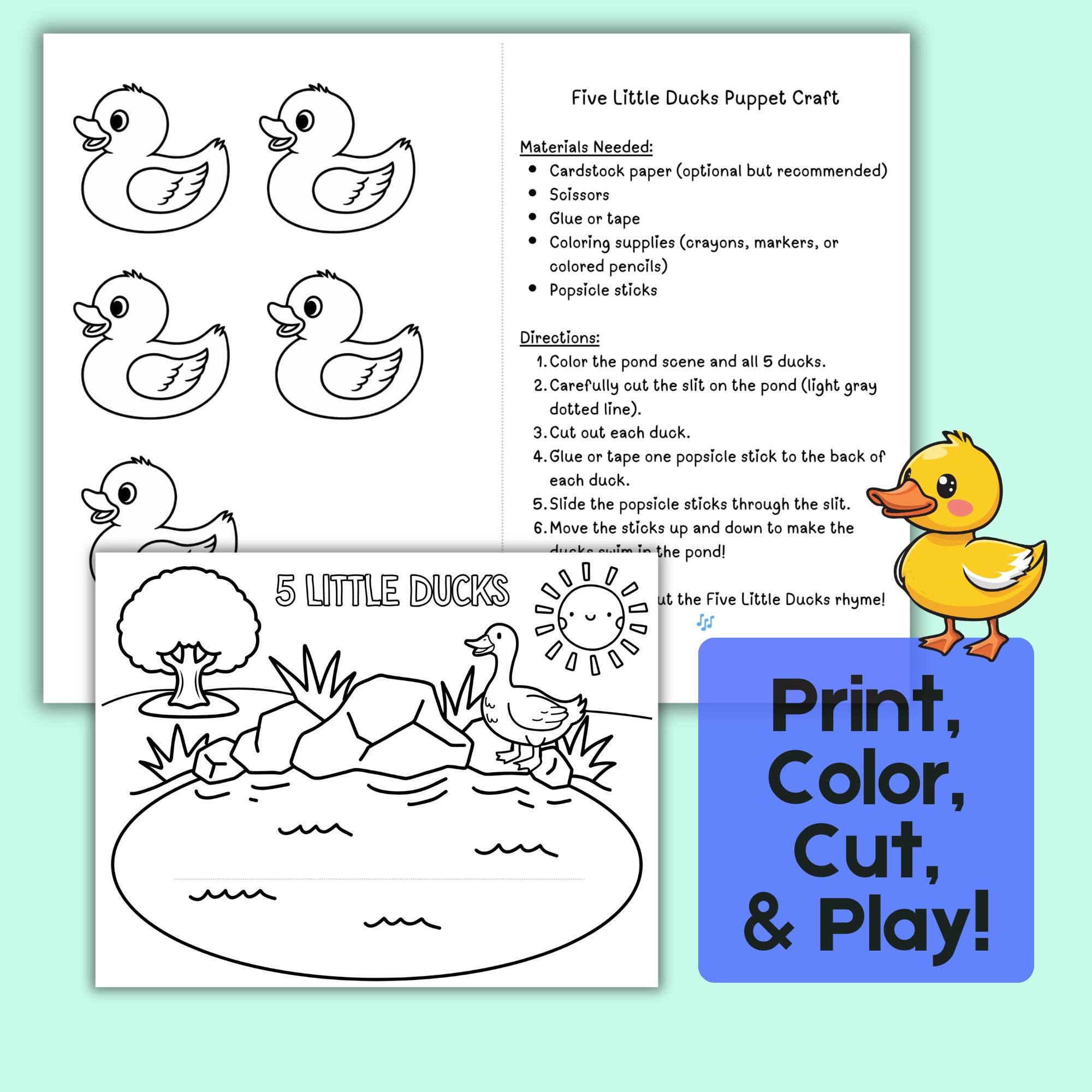 Toddler Printable Craft Five Little Ducks Nursery Rhyme Preschool ...