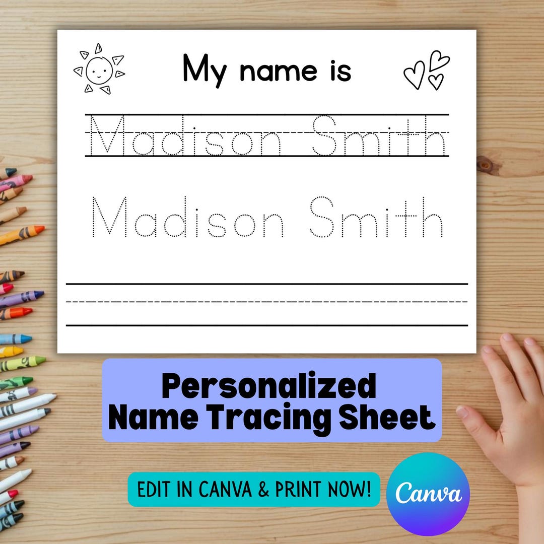 Editable Name Tracing Worksheet Canva Template Preschool Name Writing ...
