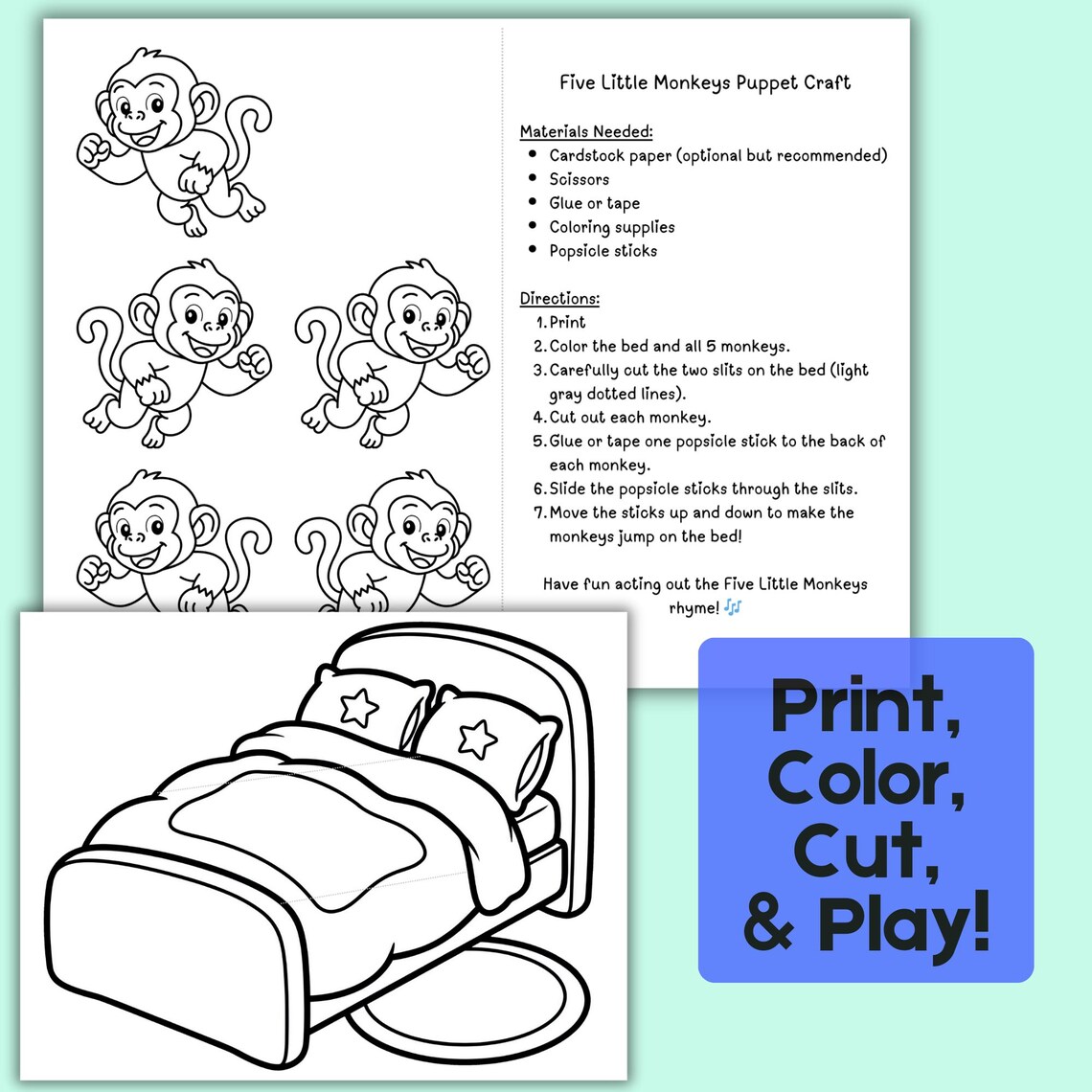 Toddler Printable Craft Five Little Monkeys Nursery Rhyme Preschool ...