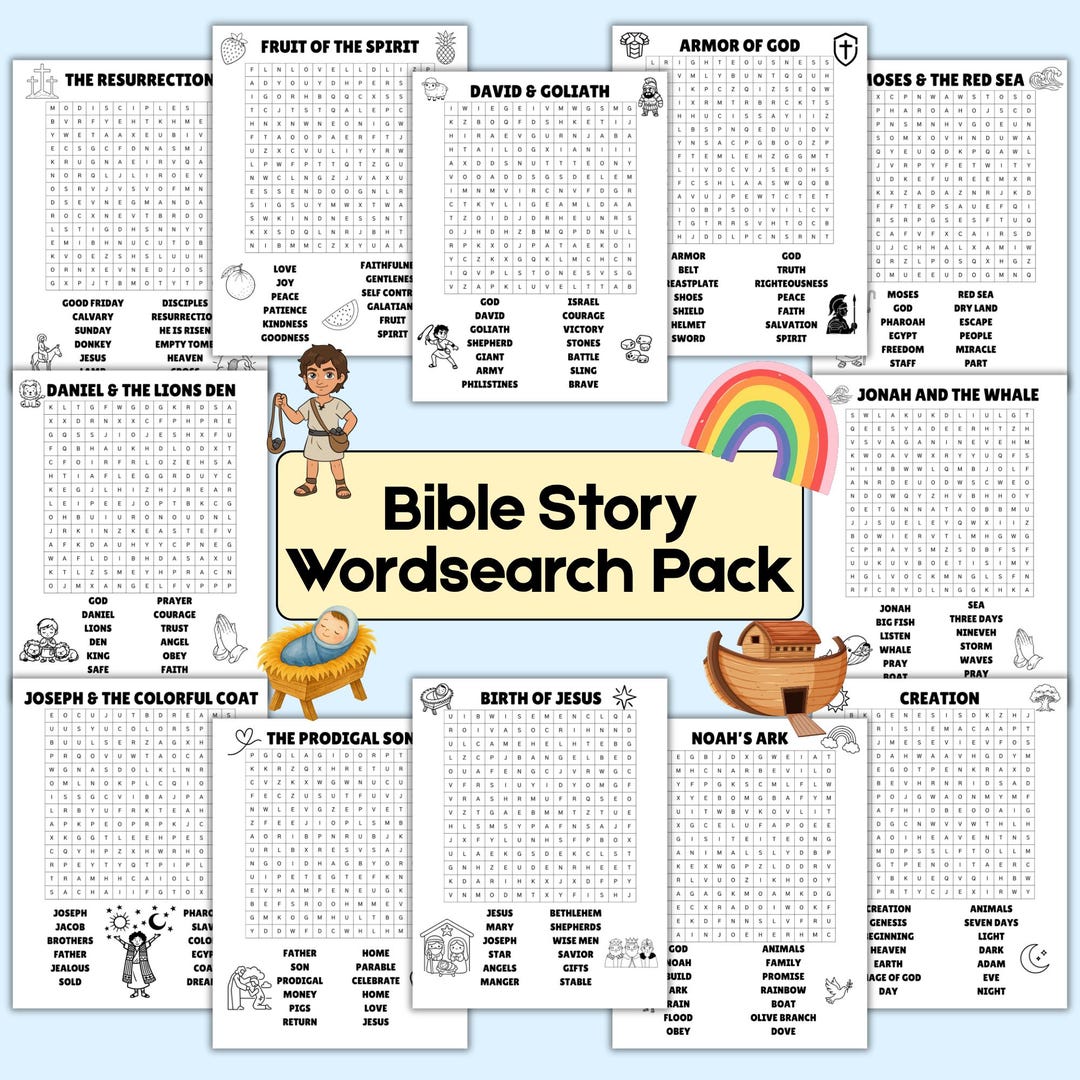 Christian Wordsearch Activity Packet Bible Story Word Search Worksheets ...