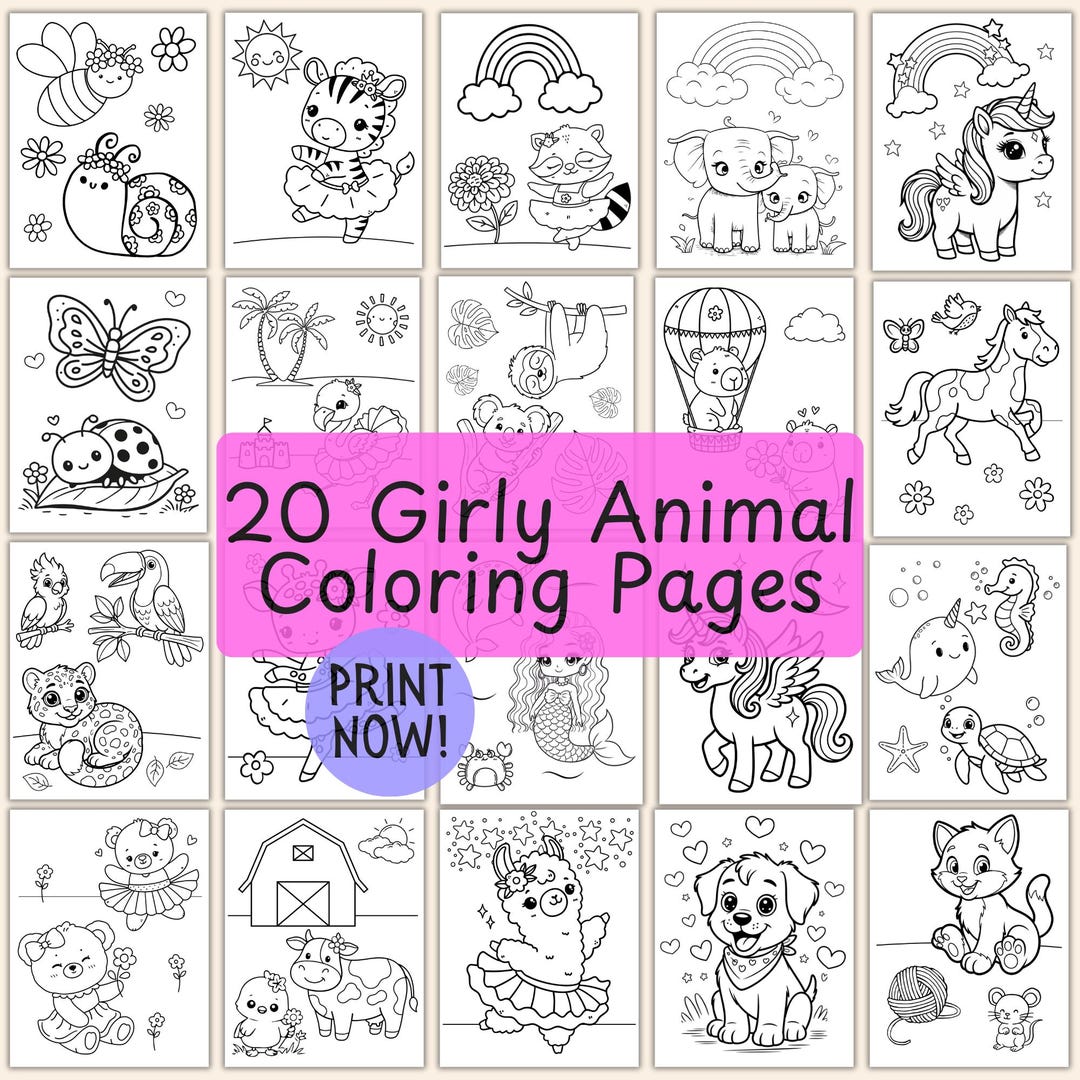 Girly Animal Coloring Pages 20 Page Coloring Book for Kids Cute Animal ...