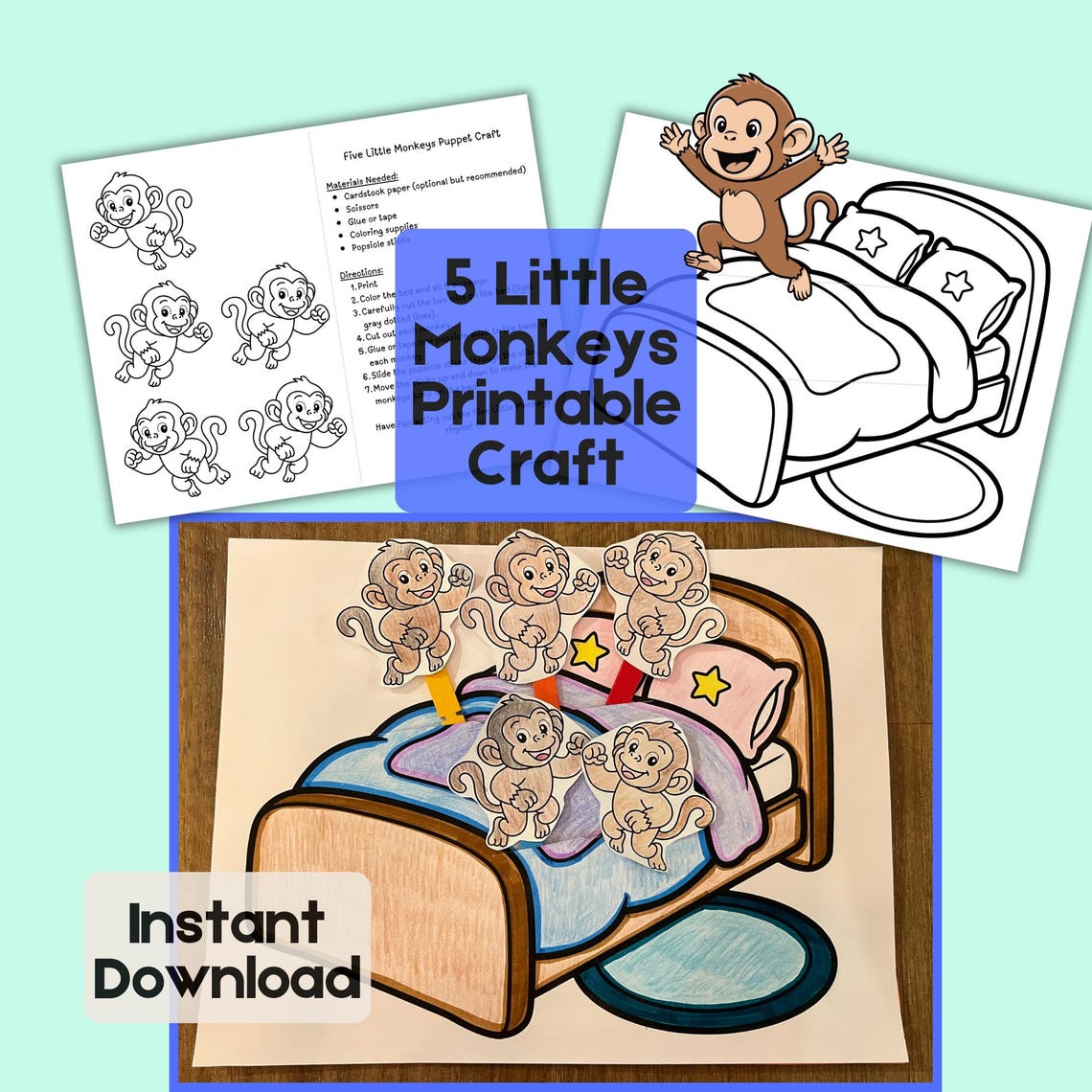 Toddler Printable Craft Five Little Monkeys Nursery Rhyme Preschool ...