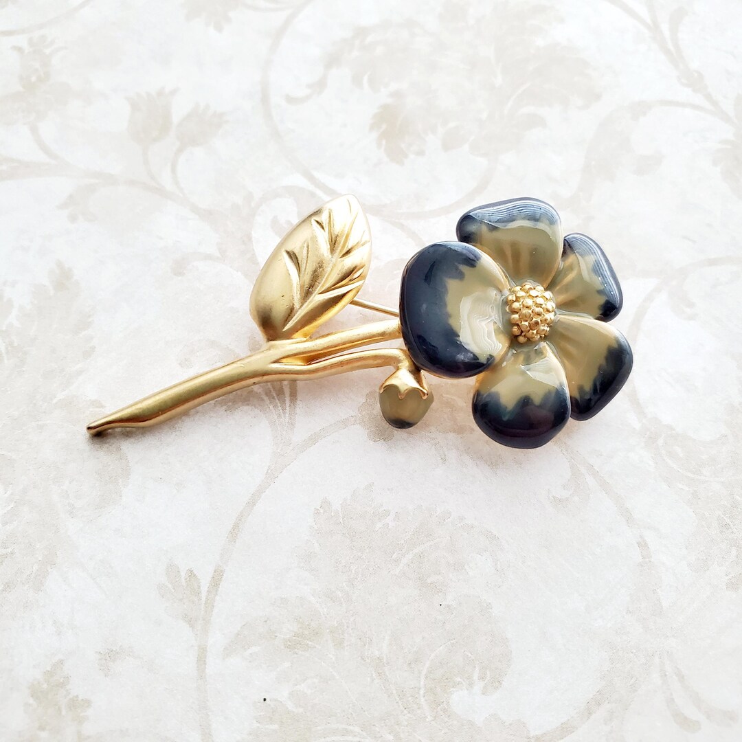 Vintage 1960s Blue Flash Morning Glory Flower Brooch in 10k Gold ...