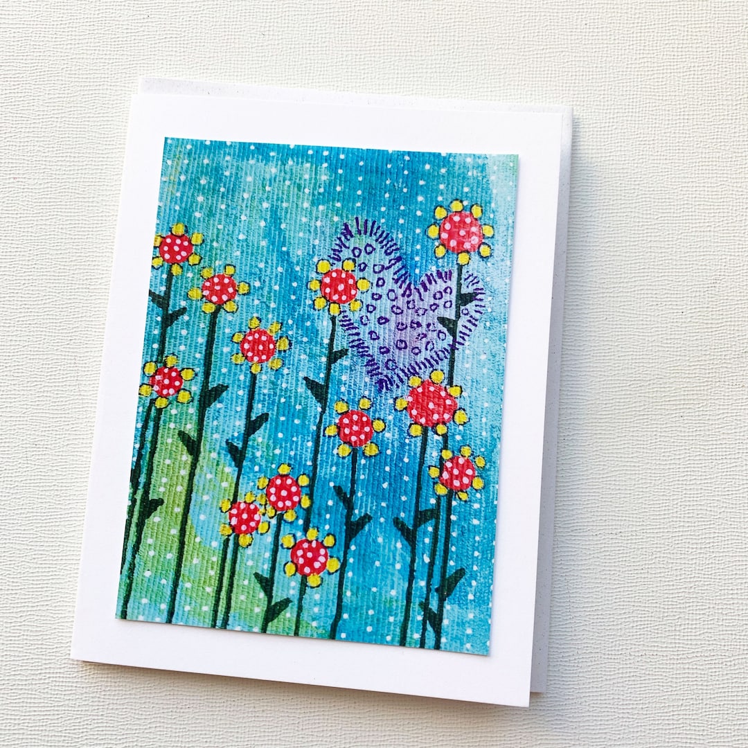 Red Flower Art Card, Collage Notecard, Blank Card Inside, Mixed Media ...