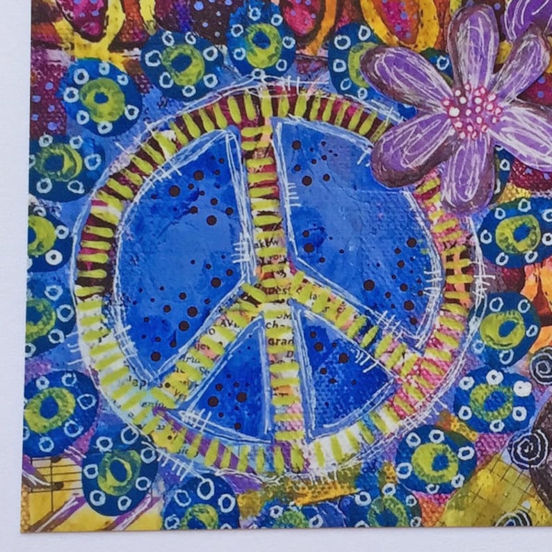 Peace Sign Note Card, Mixed Media Collage Print, Handmade Notecard ...