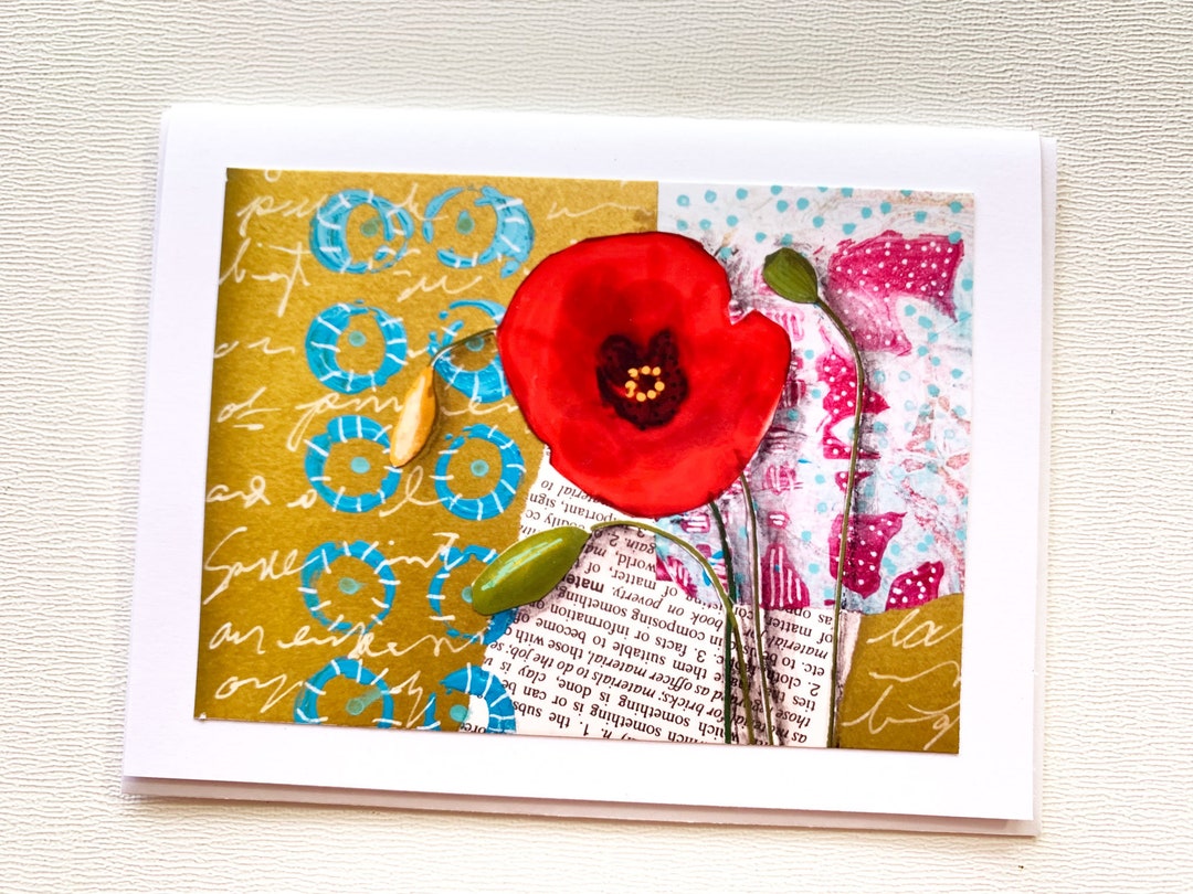 Poppy Card, Digital Poppy Collage Notecard, Blank Card Inside, Poppy ...