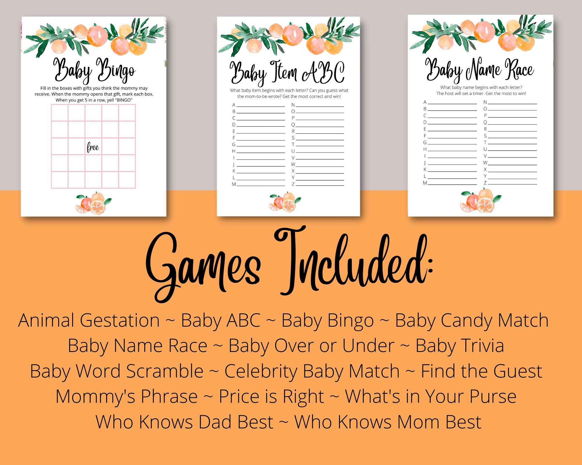 Orange Citrus Baby Shower Games Bundle | Little Cutie Baby Shower Games ...