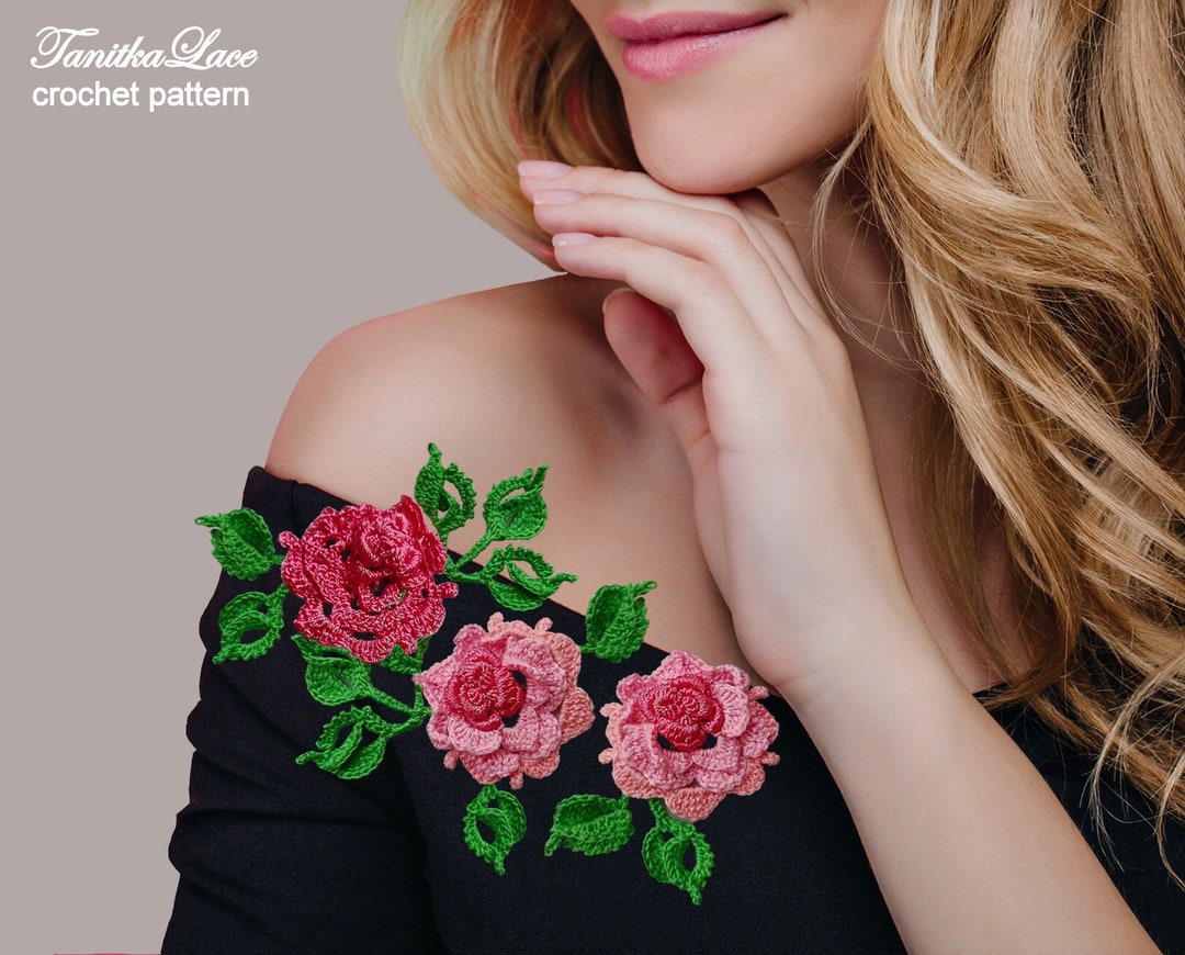 Crochet Rose Applique Pattern: Roses Lace Flower Embellishment ...