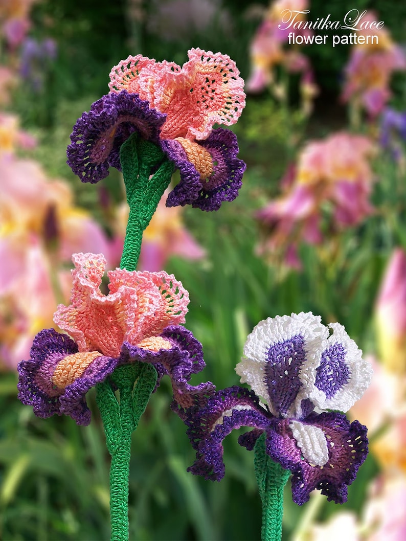 Iris Flower Crochet Lace Pattern: Tutorial How to Make Applique Brooch Bouquet (PDF Instruction ...