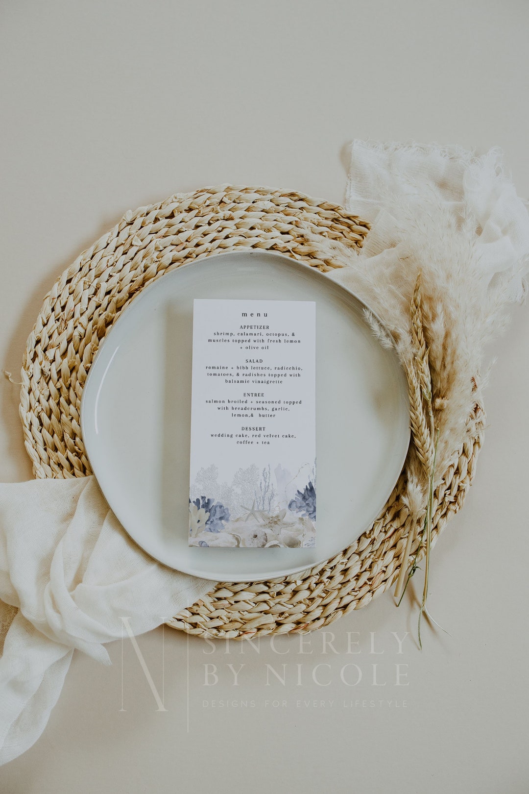 Ocean Themed Menu, Beach Dinner Menu, Seashell Starfish Coral Dinner ...