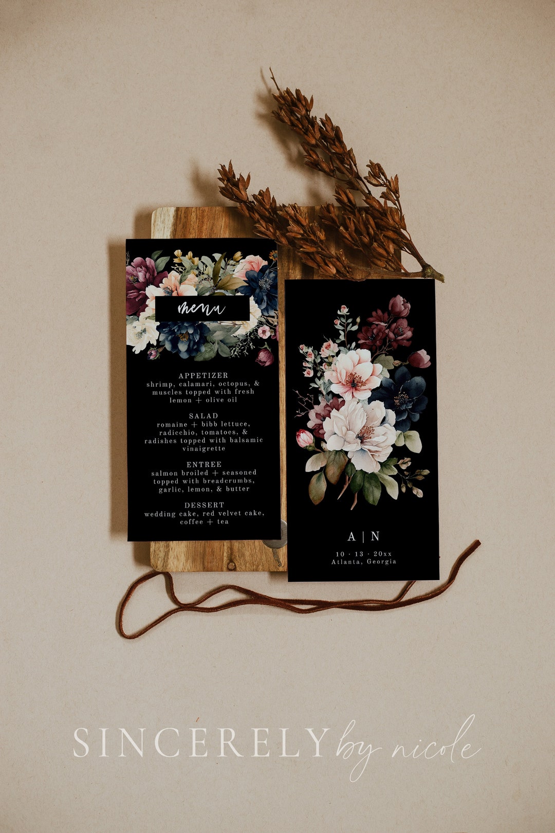Moody Menu Template, Watercolor Floral Menu, Editable Printable Menu ...