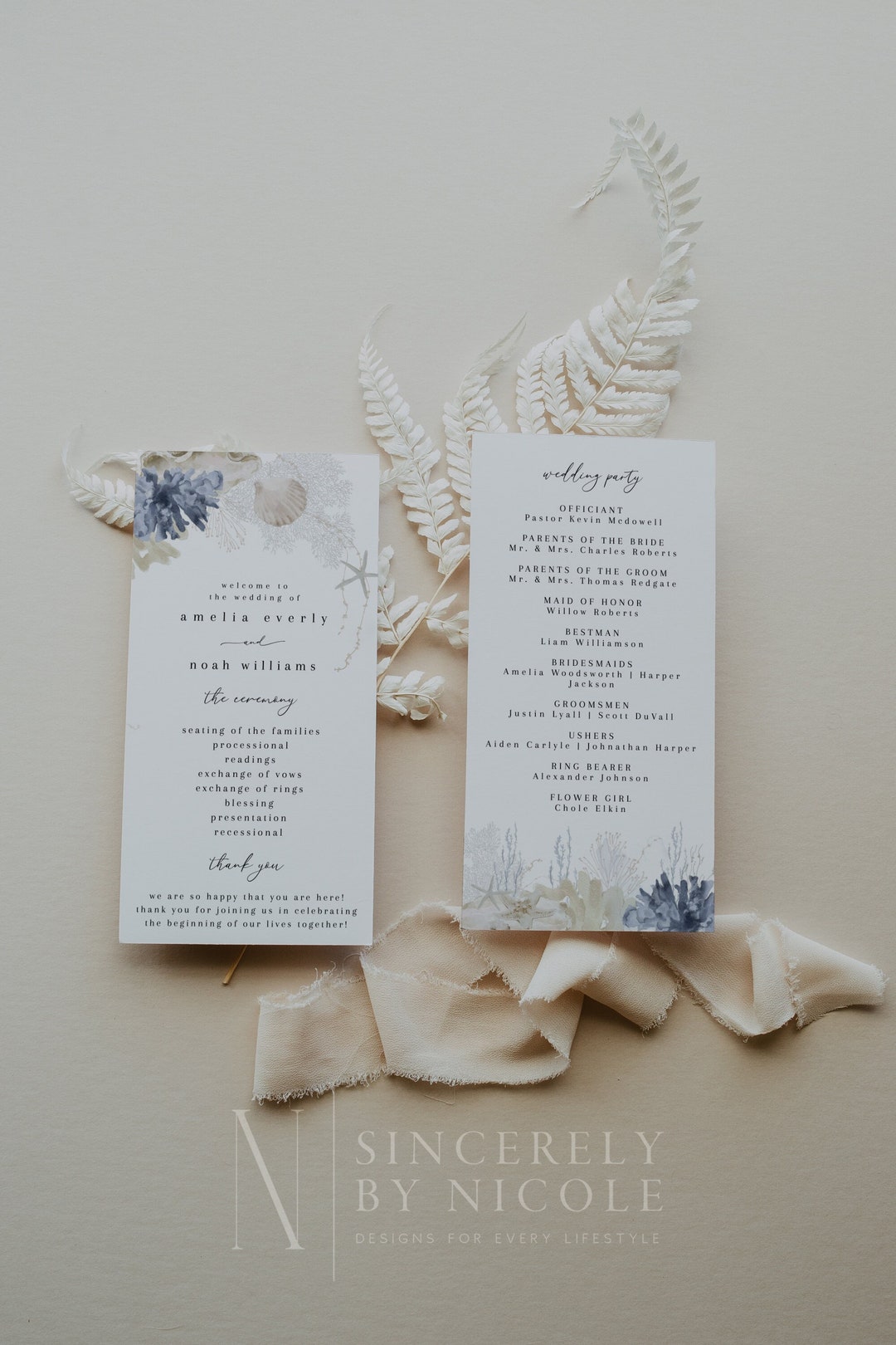 Beach Wedding Program, Editable Printable Tropical Sea Themed Ceremony ...