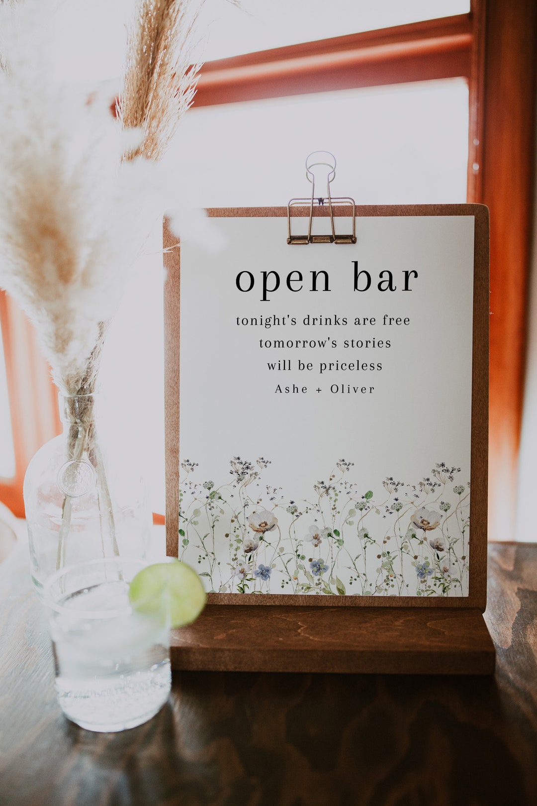 Printable Floral Open Bar Sign, Open Bar Sign Template, Wedding Open ...