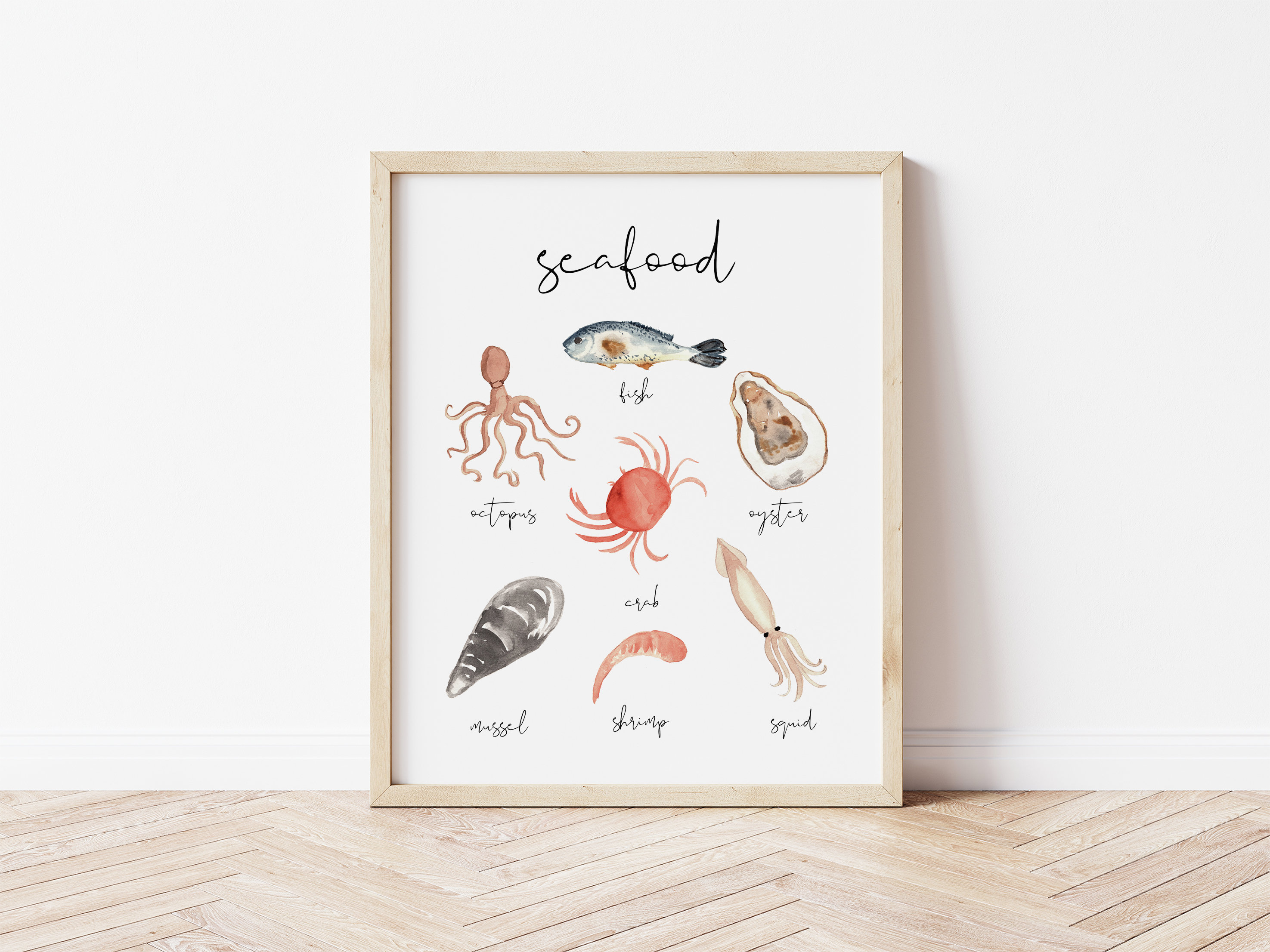 Printable Kitchen Wall Decor, Watercolor Seafood Art Print, Seafood Art ...