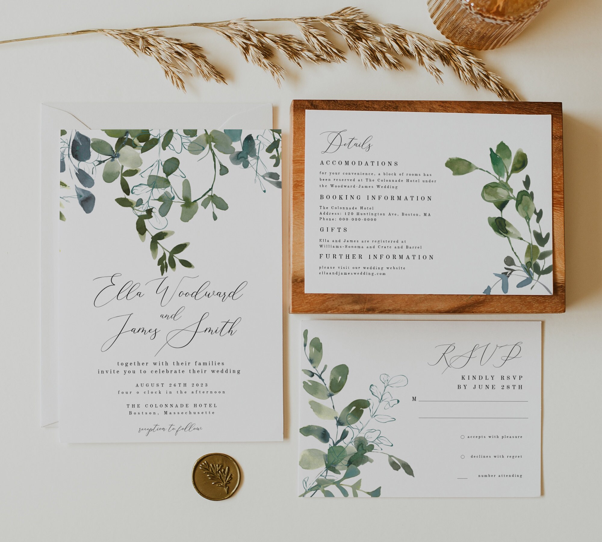 Greenery Wedding Invitation Template, Wedding Suite Greenery, Greenery ...