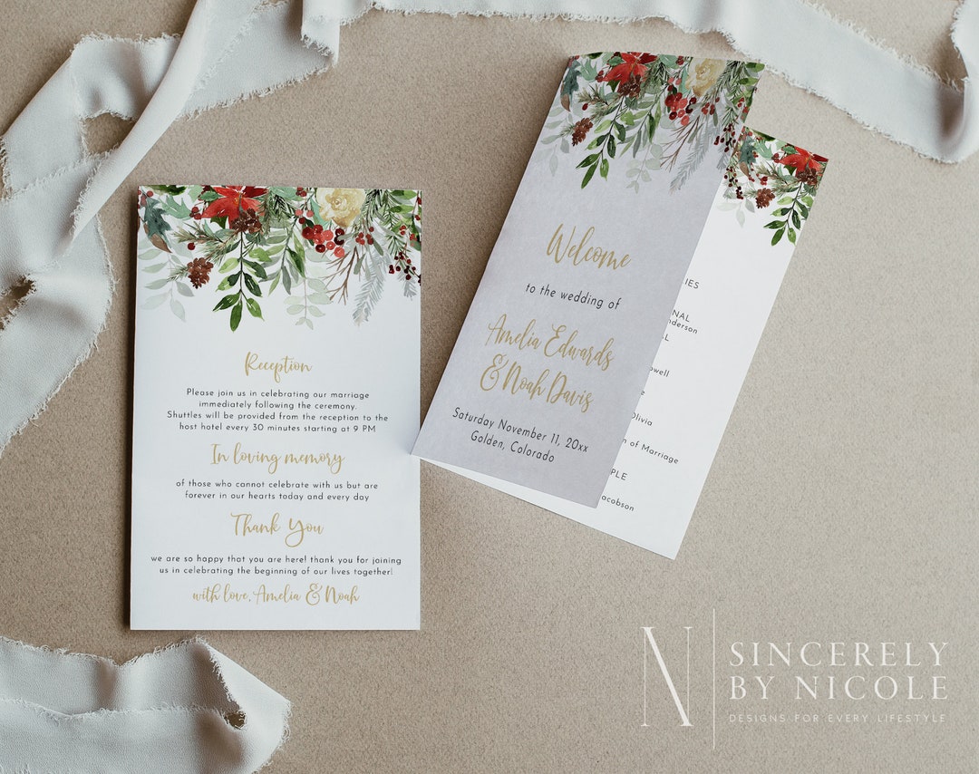 Editable Wedding Programs, Winter Wedding Programs Christmas, Christmas ...