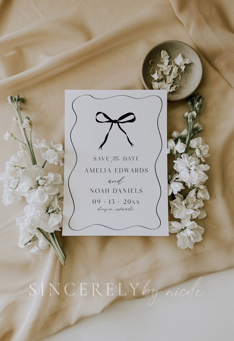 Bow Save the Date Template, Modern Bow Save the Date, Elegant Wavy ...