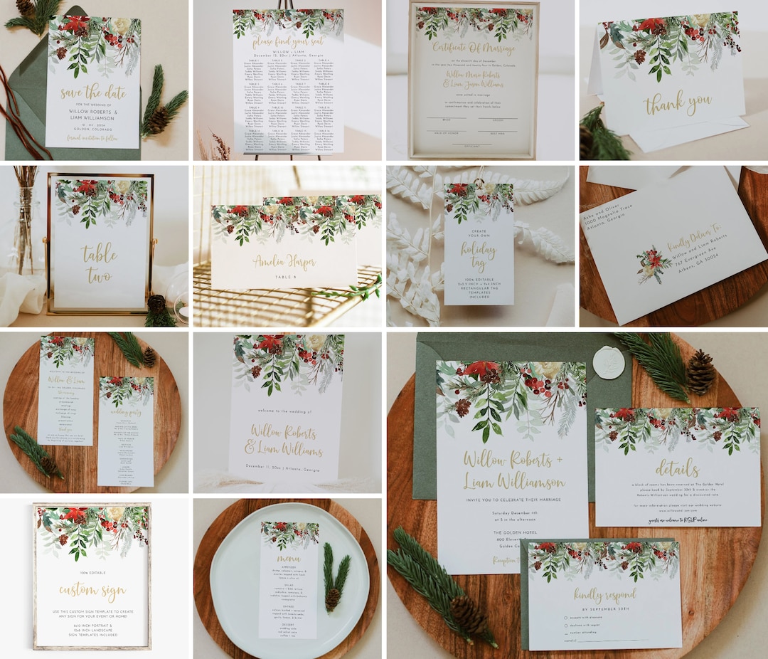 Winter Wedding Template Bundle, Rustic Holiday Wedding Kit, Christmas ...