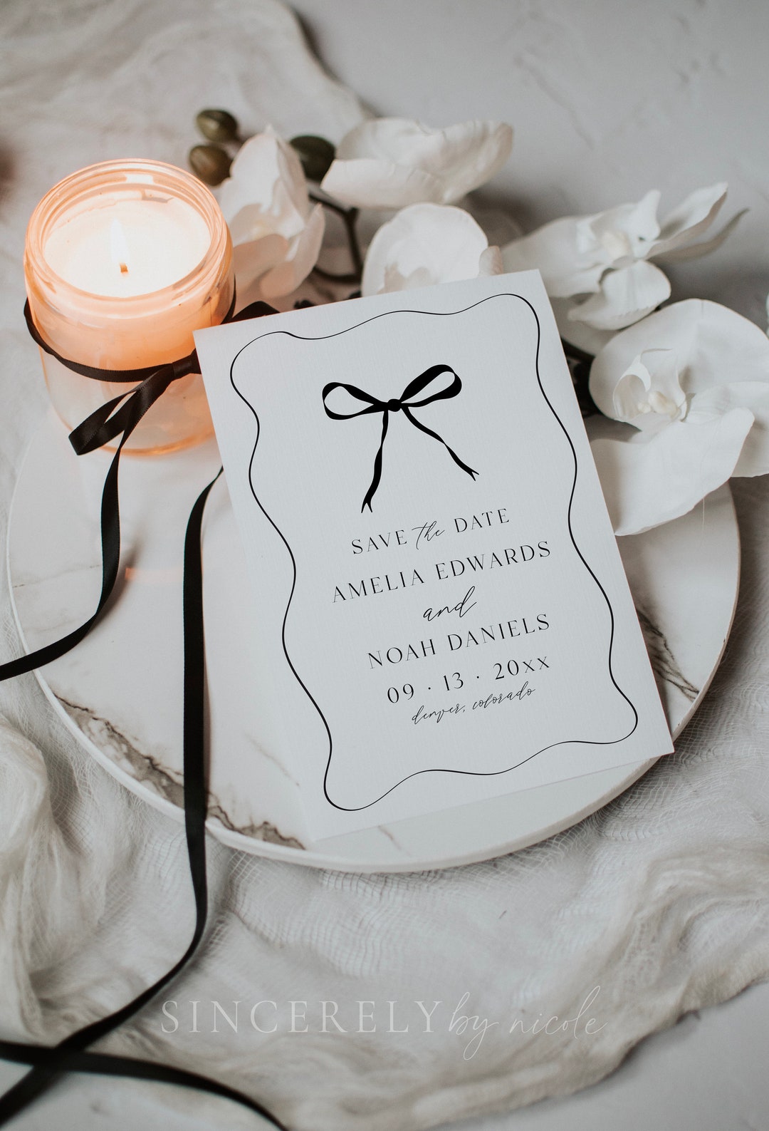 Bow Save the Date Template, Modern Bow Save the Date, Elegant Wavy ...