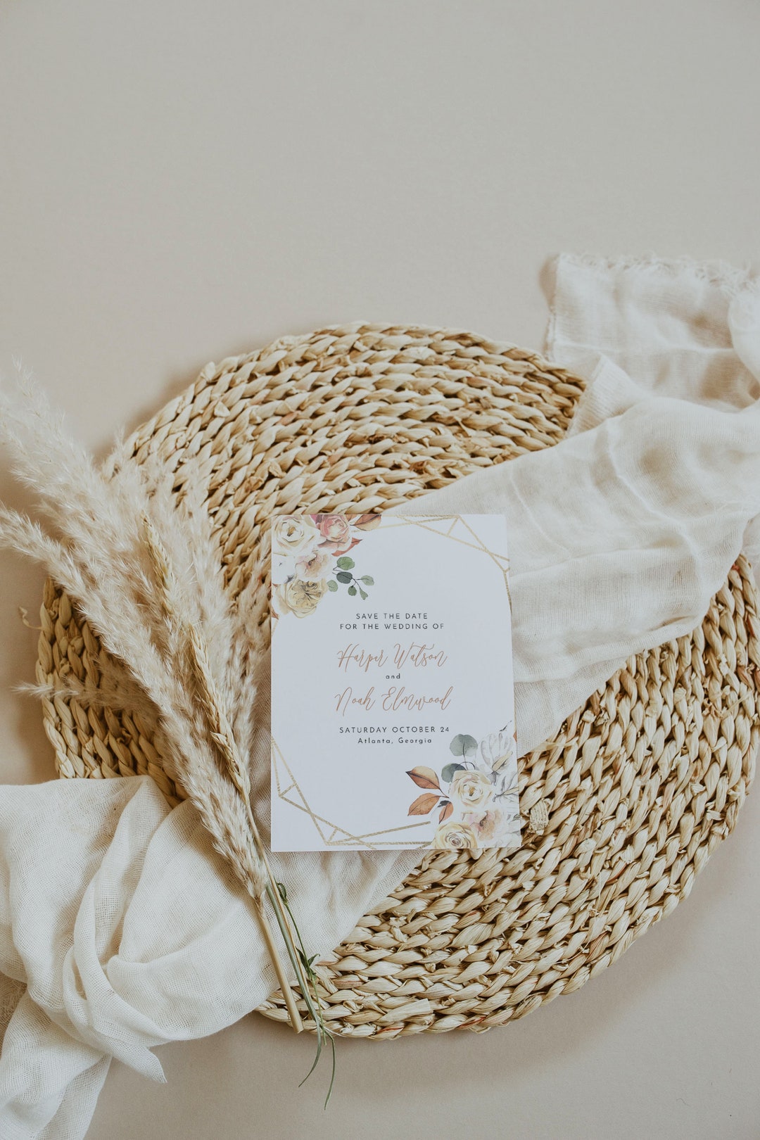 Floral Gold Frame Save the Date, Floral Save the Date Template, Gold ...