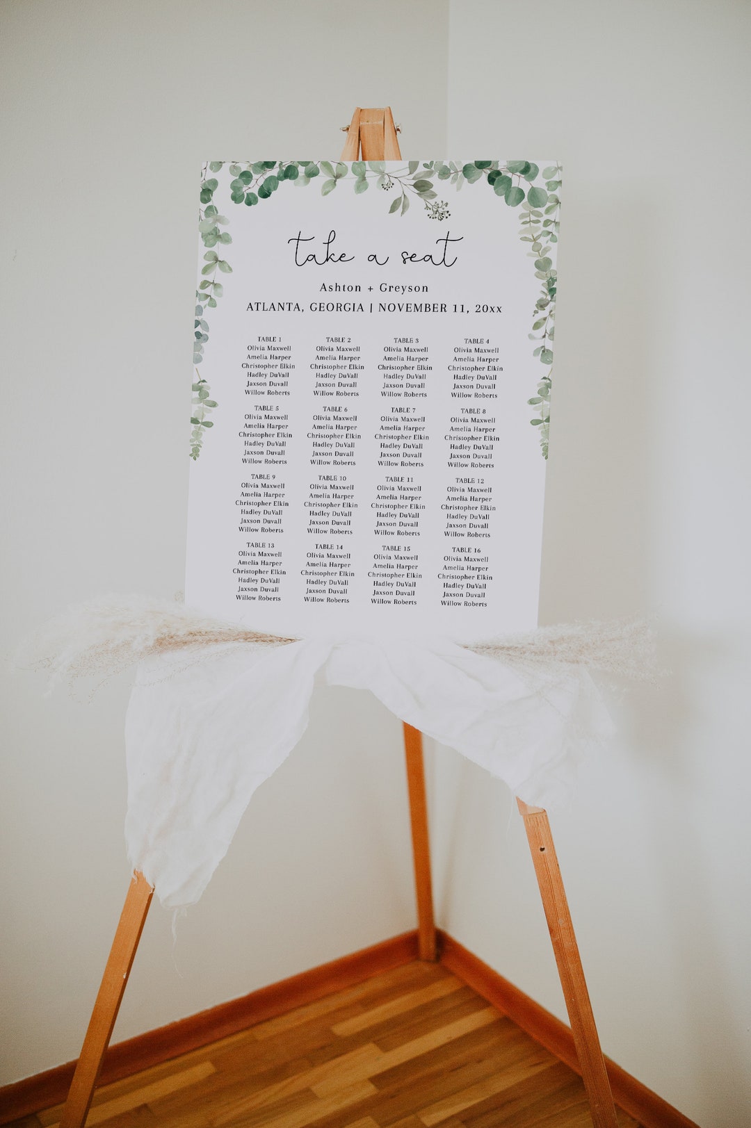 Greenery Seating Chart Template, Editable Printable Eucalyptus Greenery ...