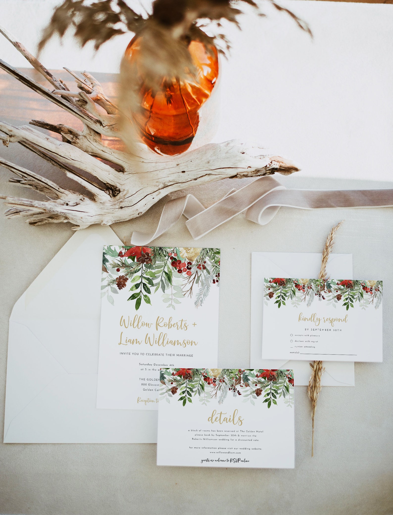 Christmas Wedding Invitations, Evergreens, Red Berries, Winter Wedding ...