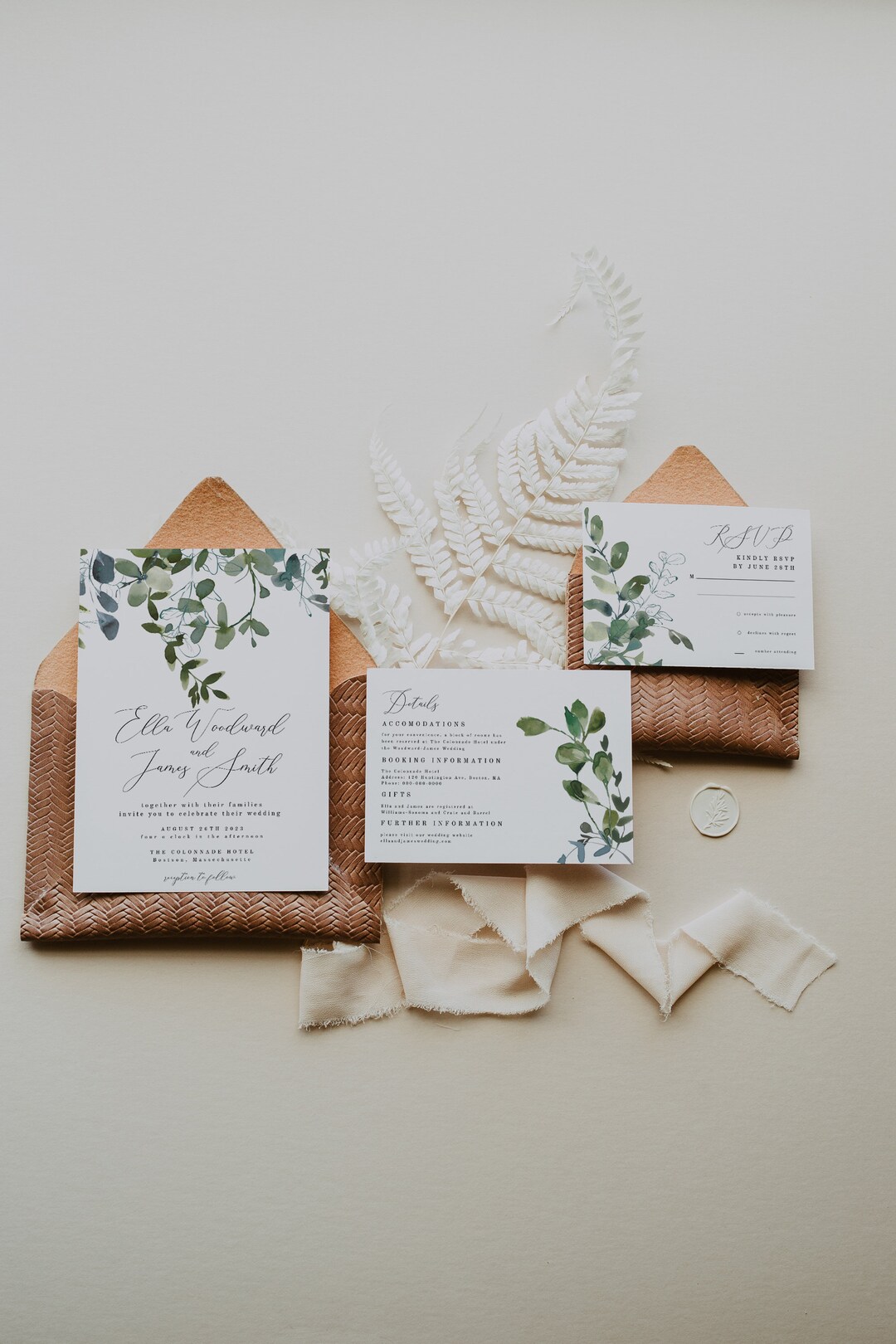 Greenery Wedding Invitation Template, Wedding Suite Greenery, Greenery ...