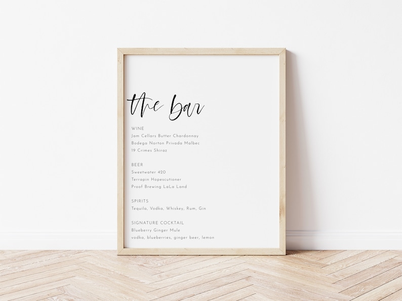 Minimalist Bar Menu Sign Template, 8x10 & 5x7 Minimalist Bar Menu ...