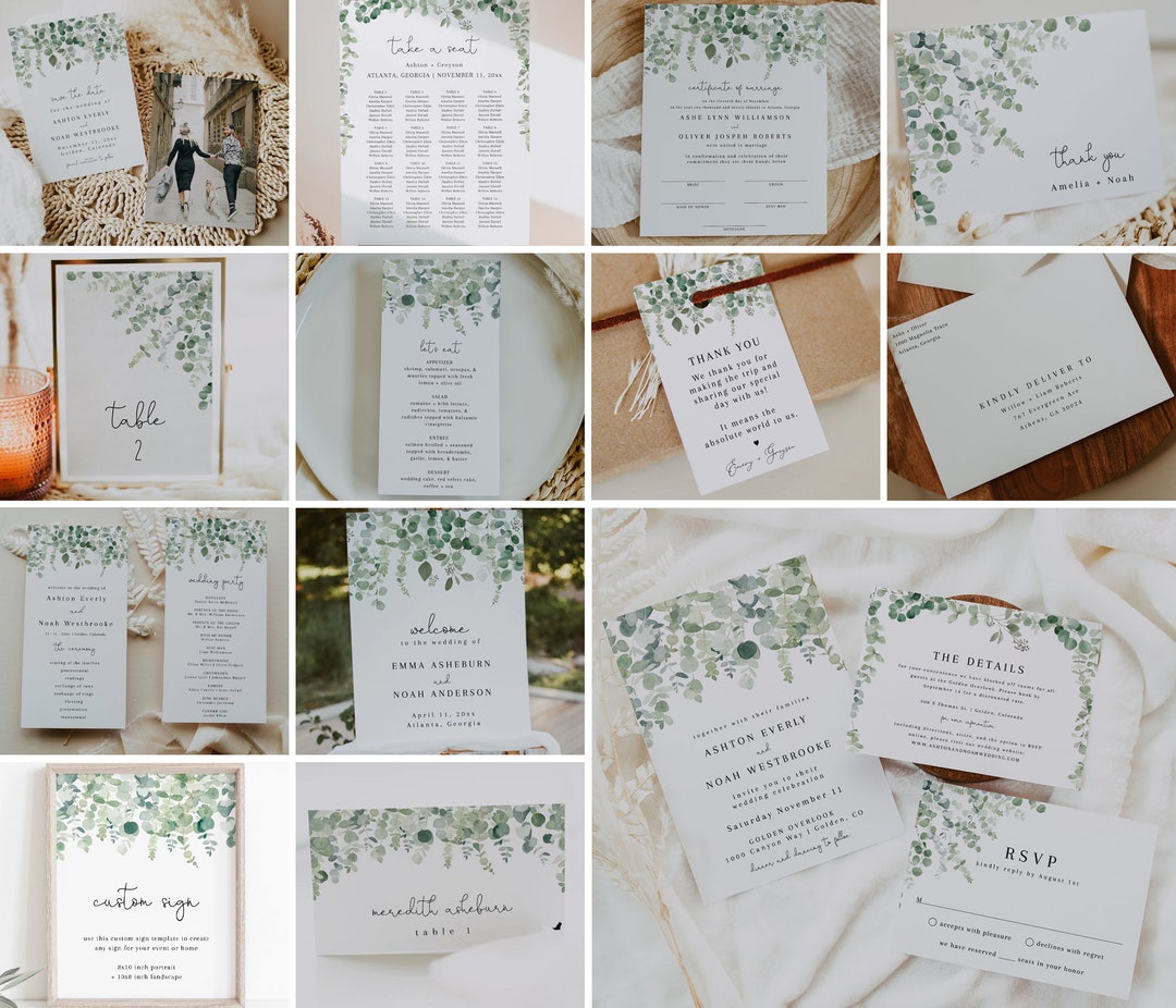 Eucalyptus Greenery Wedding Bundle, Editable Wedding Templates ...