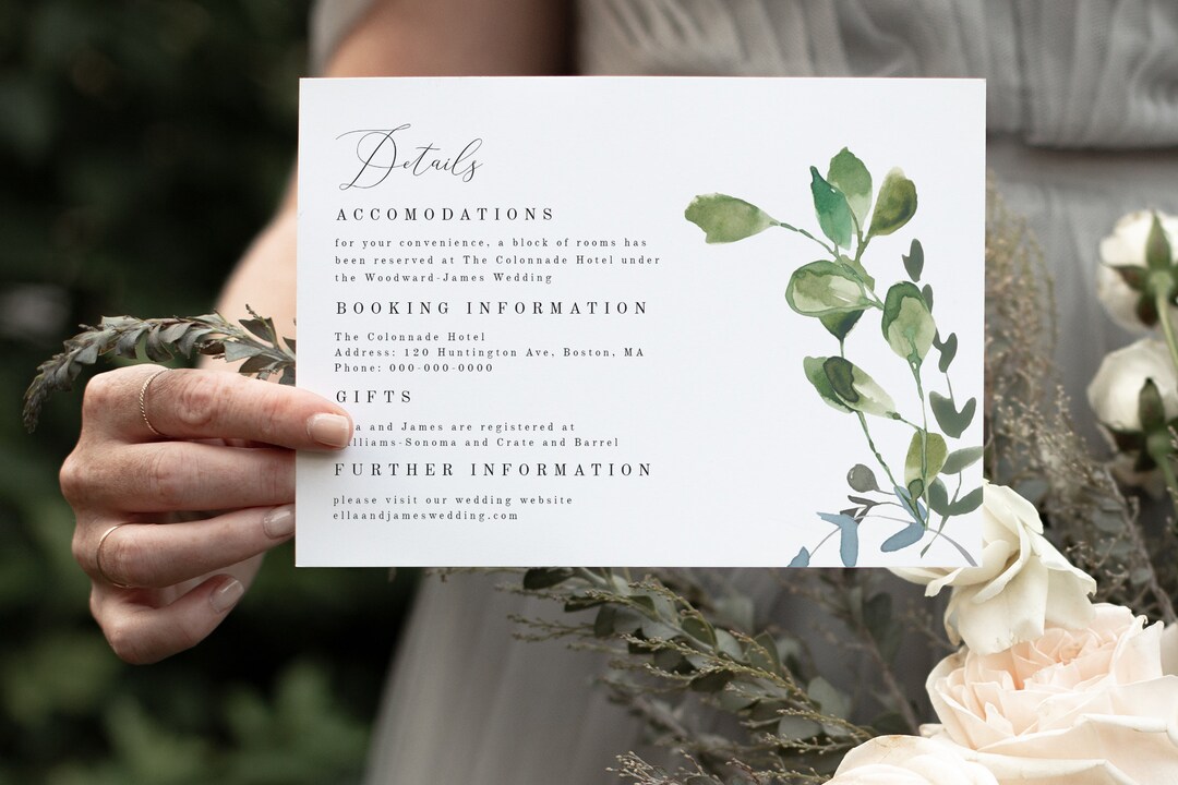 Greenery Wedding Details Card Template, Editable Details Card, Wedding ...