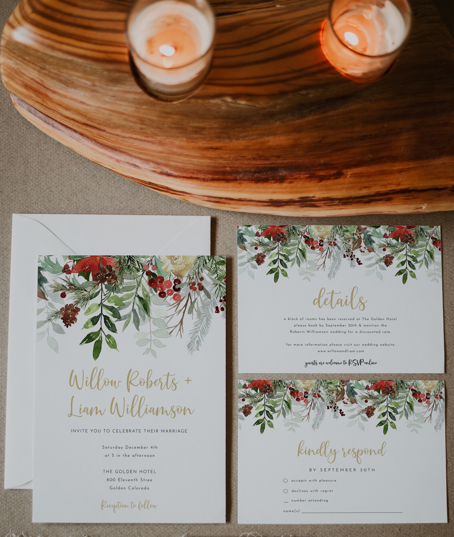 Christmas Wedding Invitations, Evergreens, Red Berries, Winter Wedding ...