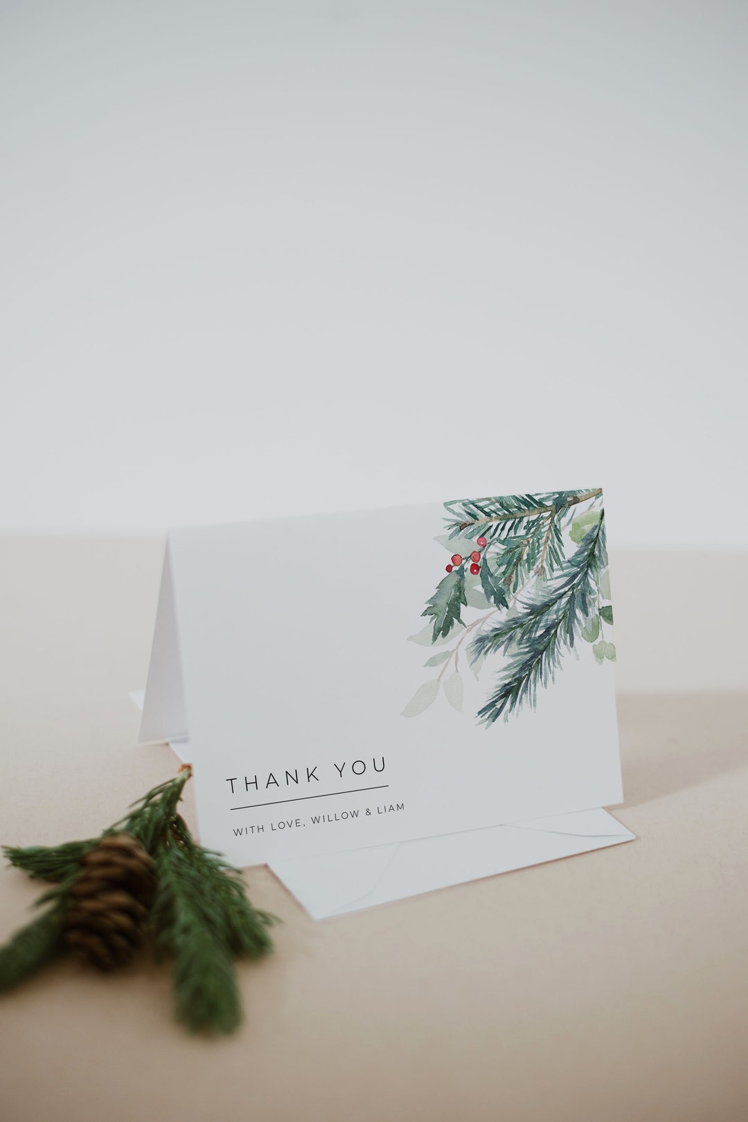Printable Thank You Card, Winter Greenery Thank You Card, Christmas ...