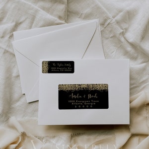 Black Gold Address Label Template, Editable Printable New Year Address ...