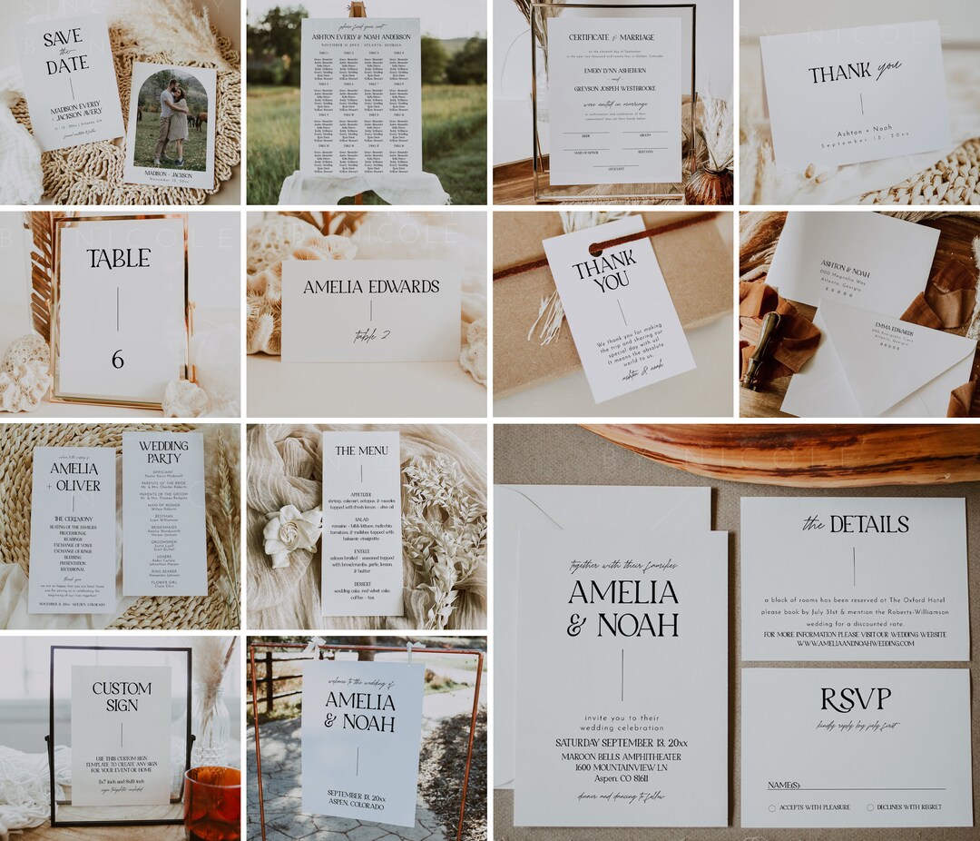 Modern Wedding Template Bundle, Editable Printable Simple Clean Wedding ...