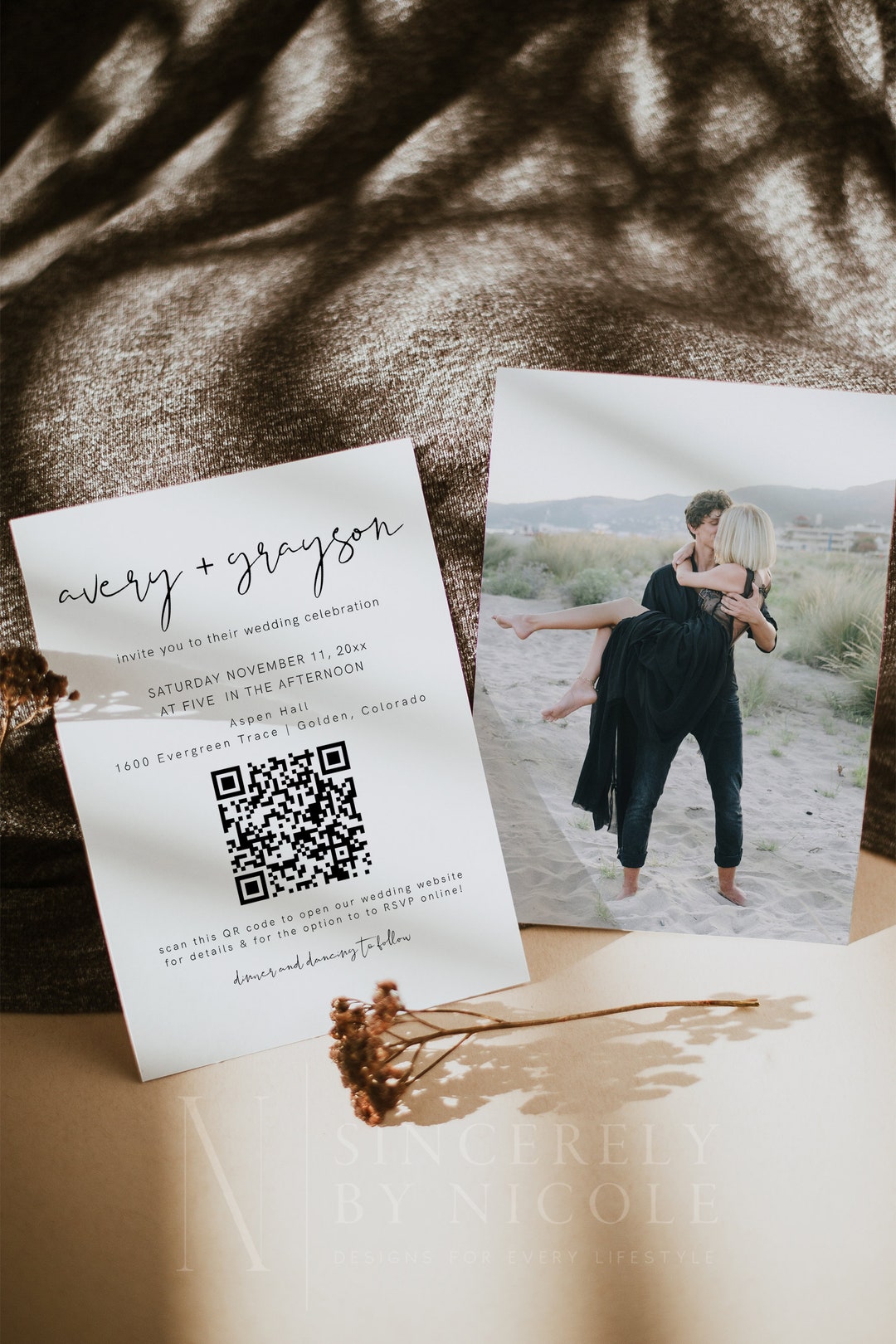 Modern Wedding Invitation, QR Code Wedding Invite Template, Minimalist ...
