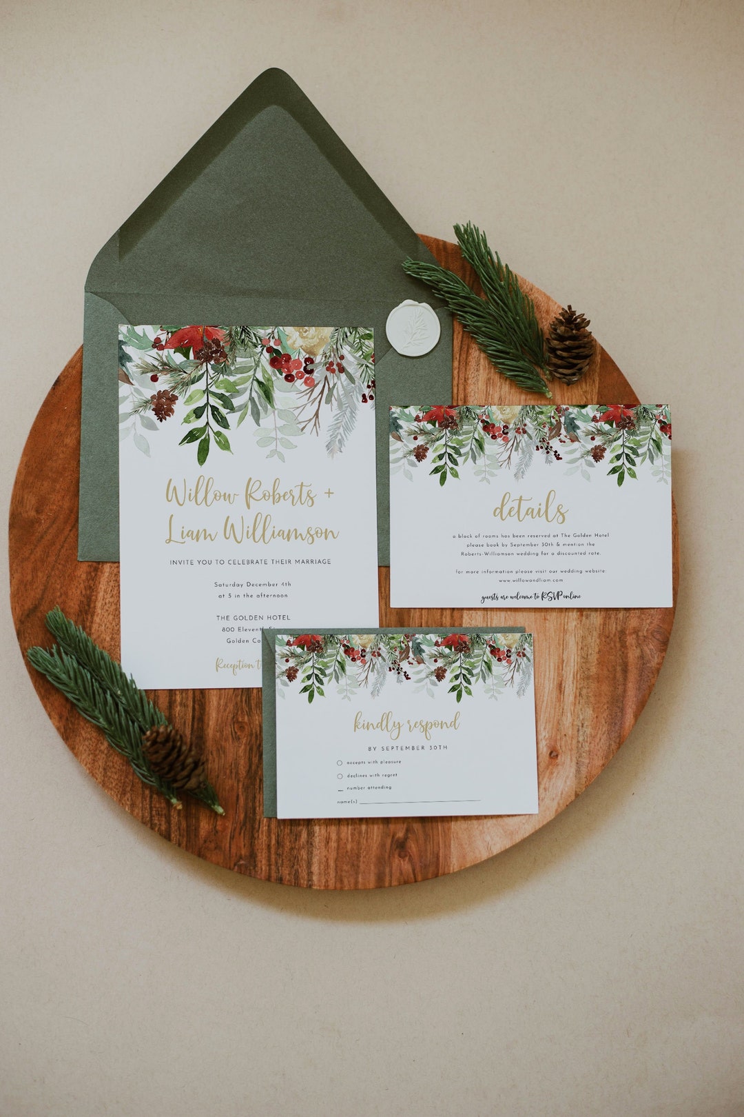 Christmas Wedding Invitations, Evergreens, Red Berries, Winter Wedding ...